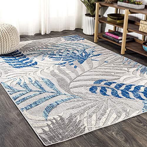 JONATHAN Y AMC100A-8 Tropics Palm Leaves Indoor Outdoor Area-Rug Bohemian Floral Easy-Cleaning High Traffic Bedroom Kitchen Backyard Patio Porch Non Shedding, 8 X 10, Gray/Blue