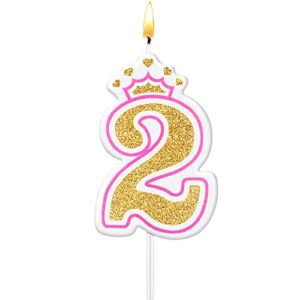 happy birthday number candle pink glitter candle crown cute cake candle for anniversary wedding party cake topper decoration, 4.1 x 1.4 inches (number 2 style)