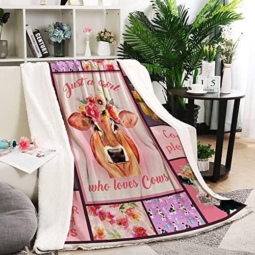 Cow Print Blanket Fleece Blanket Cartoon Watercolor Cow Fall Throw Blanket Cute Pink Farm Animal Plush Blanket Girls Women Sherpa Blanket Birthday Gift (51"x59"(130x150cm))