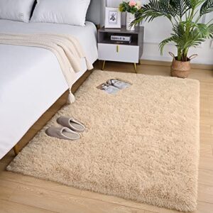 fosirug soft fluffy shag area rugs for bedroom carpet, camel shaggy rug for kids girls boys room, plush fuzzy rugs for living room nursery home decor floor rug, modern bedside rug, 4×6 feet