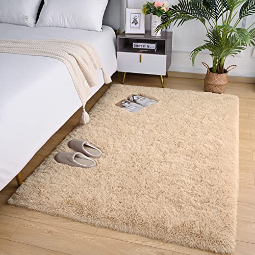 Fosirug Soft Fluffy Shag Area Rugs for Bedroom Carpet, Camel Shaggy Rug for Kids Girls Boys Room, Plush Fuzzy Rugs for Living Room Nursery Home Decor Floor Rug, Modern Bedside Rug, 4x6 Feet