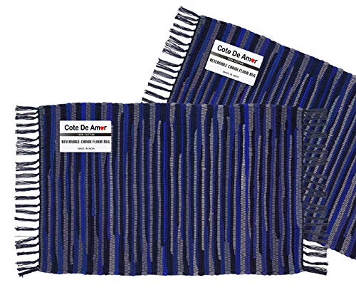 Cote De Amor 2 Pack Reversible Floor Rug 24"x36" (2'x3') Cotton Chindi Rag Rug, Farmhouse Rag Rug for Living Room Bedroom Bathroom Kitchen Nursery Entryway Laundry Room - Navy Blue