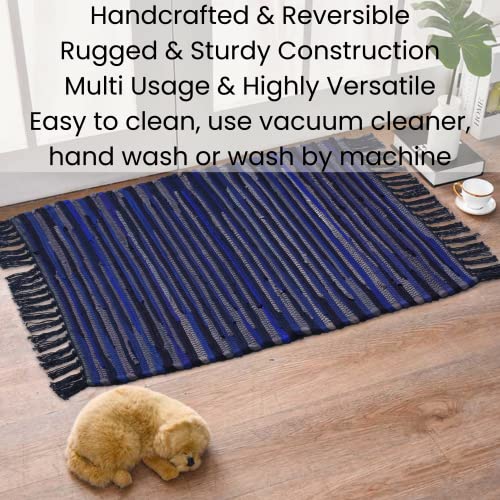 Cote De Amor 2 Pack Reversible Floor Rug 24"x36" (2'x3') Cotton Chindi Rag Rug, Farmhouse Rag Rug for Living Room Bedroom Bathroom Kitchen Nursery Entryway Laundry Room - Navy Blue