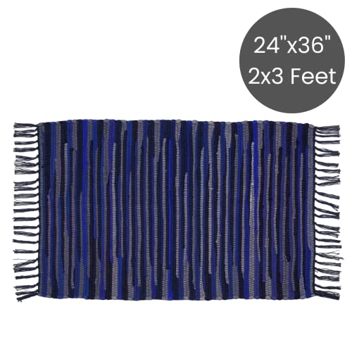 Cote De Amor 2 Pack Reversible Floor Rug 24"x36" (2'x3') Cotton Chindi Rag Rug, Farmhouse Rag Rug for Living Room Bedroom Bathroom Kitchen Nursery Entryway Laundry Room - Navy Blue