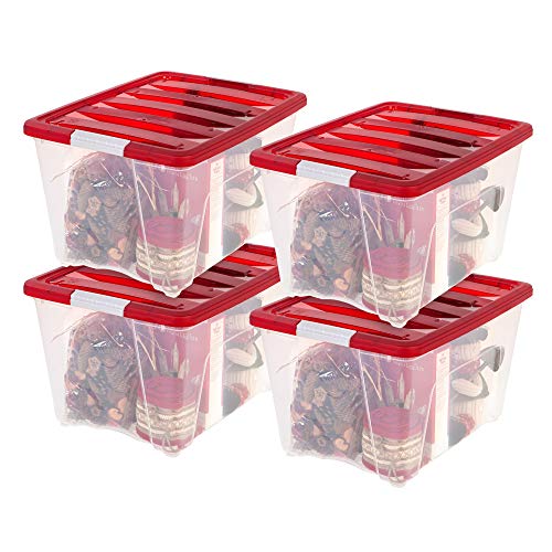 IRIS USA 54 Qt. Holiday Storage Bin with Lid, 4-pack, Stackable Holiday Storage Container with Lid and Latching Buckles for Holiday Decorations Accessories and Supplies, Clear/Red