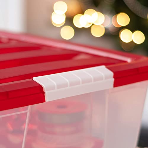 IRIS USA 54 Qt. Holiday Storage Bin with Lid, 4-pack, Stackable Holiday Storage Container with Lid and Latching Buckles for Holiday Decorations Accessories and Supplies, Clear/Red