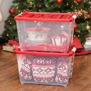 IRIS USA 54 Qt. Holiday Storage Bin with Lid, 4-pack, Stackable Holiday Storage Container with Lid and Latching Buckles for Holiday Decorations Accessories and Supplies, Clear/Red