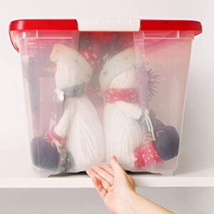 IRIS USA 54 Qt. Holiday Storage Bin with Lid, 4-pack, Stackable Holiday Storage Container with Lid and Latching Buckles for Holiday Decorations Accessories and Supplies, Clear/Red