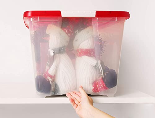 IRIS USA 54 Qt. Holiday Storage Bin with Lid, 4-pack, Stackable Holiday Storage Container with Lid and Latching Buckles for Holiday Decorations Accessories and Supplies, Clear/Red