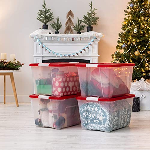 IRIS USA 54 Qt. Holiday Storage Bin with Lid, 4-pack, Stackable Holiday Storage Container with Lid and Latching Buckles for Holiday Decorations Accessories and Supplies, Clear/Red