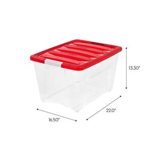 IRIS USA 54 Qt. Holiday Storage Bin with Lid, 4-pack, Stackable Holiday Storage Container with Lid and Latching Buckles for Holiday Decorations Accessories and Supplies, Clear/Red