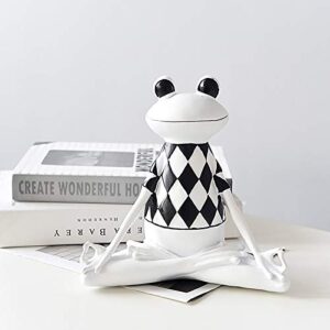 Yoga Frog Resin Statue, Smiling Frog Sitting In Meditation Black And White Check Stripe Printing For Home Desk Office Bathroom Decoration Garden Statue Indoor And Outdoor Decorative Ornaments