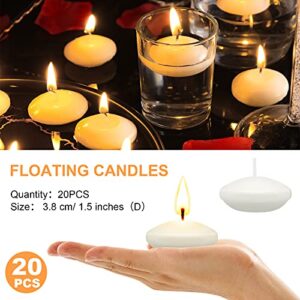 20 Pieces 1.5 Inch Unscented Floating Candles for Centerpieces, Floating Pool Candles Round Burning Candles Decor for Valentine's Day, Wedding Party Swimming Pool Bathtub Dinner Party Favor (White)