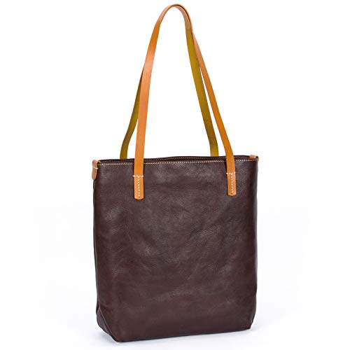 CENUNCO Genuine Leather Tote Bag for Women Purses and Handbags Vintage Work Tote Designer Shoulder Bag Soft Cowhide Purse with Zipper (DarkBrown-BrownHandle)