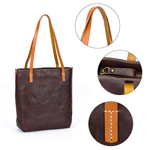 CENUNCO Genuine Leather Tote Bag for Women Purses and Handbags Vintage Work Tote Designer Shoulder Bag Soft Cowhide Purse with Zipper (DarkBrown-BrownHandle)