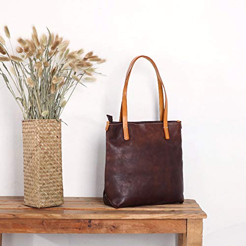 CENUNCO Genuine Leather Tote Bag for Women Purses and Handbags Vintage Work Tote Designer Shoulder Bag Soft Cowhide Purse with Zipper (DarkBrown-BrownHandle)