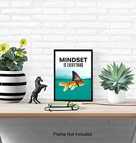 Mindset is Everything - Motivational Wall Art Poster for Home, Office - Gift for Entrepreneur, Student, Men, Teens - Inspirational Decor - Uplifting Self-Improvement Positive Quote - Shark Goldfish