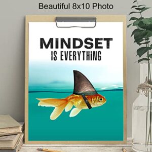 Mindset is Everything - Motivational Wall Art Poster for Home, Office - Gift for Entrepreneur, Student, Men, Teens - Inspirational Decor - Uplifting Self-Improvement Positive Quote - Shark Goldfish