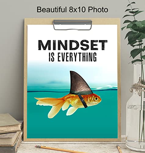 Mindset is Everything - Motivational Wall Art Poster for Home, Office - Gift for Entrepreneur, Student, Men, Teens - Inspirational Decor - Uplifting Self-Improvement Positive Quote - Shark Goldfish