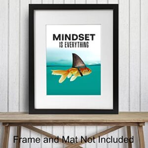 Mindset is Everything - Motivational Wall Art Poster for Home, Office - Gift for Entrepreneur, Student, Men, Teens - Inspirational Decor - Uplifting Self-Improvement Positive Quote - Shark Goldfish