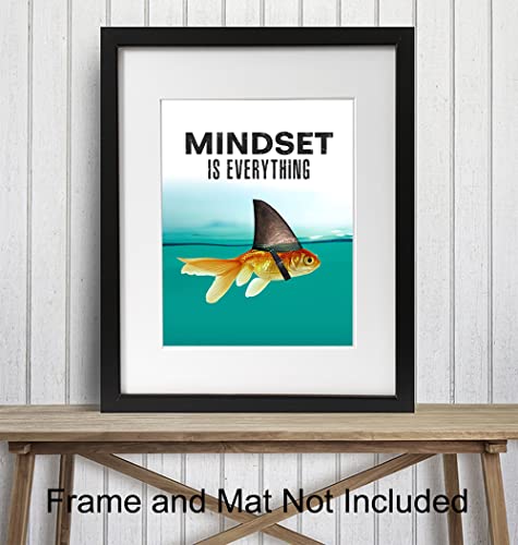 Mindset is Everything - Motivational Wall Art Poster for Home, Office - Gift for Entrepreneur, Student, Men, Teens - Inspirational Decor - Uplifting Self-Improvement Positive Quote - Shark Goldfish