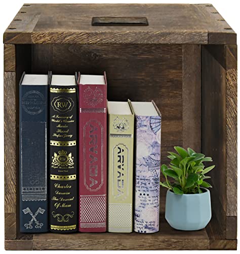 SOLLASI Wood Decorative Storage Cube Boxes with Handles, Rustic Brown Large Storage Baskets For Shelves, Stackable Cube Containers Organizing Bins for Toy, Clothes, Books, Office, 11” x 11” x 11”