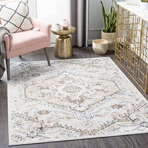 mudgee persian oriental 7’9″ x 9’6″ living room bedroom boho large area rug – bohemian farmhouse indoor carpet – vintage distressed medallion motif – soft & neutral – tan, brown, cream, beige