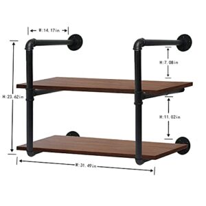 Industrial Pipe Floating Shelves,31inch Wall Mount Hanging Book Shelves with 2 Wooden Boards Planks in Rustic Brown Wood Finish Farmhouse Style