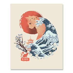 japanese cat art print – traditional ukiyo-e wall art 8 x 10 unframed cherry blossom ocean waves spiritual home decor japanese theme artwork whimsical cat print calming nautical wall hanging