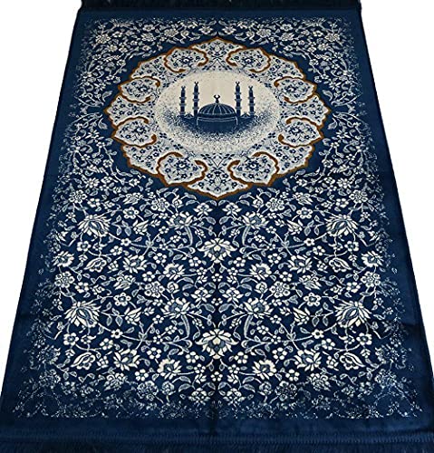 Modefa Turkish Islamic Prayer Rug - Lightweight Velvet Praying Mat - Traditional Muslim Janamaz Sajada - Plush Praying Carpet for Men & Women - Ramadan or Eid Gift - Floral MSQ (Blue)