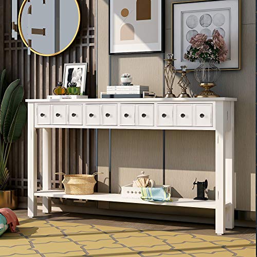 Merax Sofa Table Long Console Table with Drawers and Shelf for Entryway Easy Assembly Hall Table,Antique White