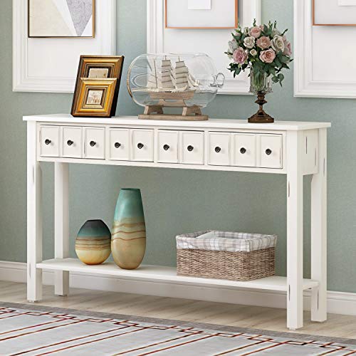 Merax Sofa Table Long Console Table with Drawers and Shelf for Entryway Easy Assembly Hall Table,Antique White