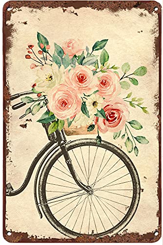 Graman Creative Metal Tin Sign Bike with Flower Red Rose Funny Tin Sign Summer Wall Decor Farmhouse Decor for Home Cafes Office Store Pubs Club Sign Gift Plaque Metal Tin 12 X 8 INCH CF-AA98