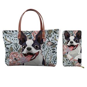 jeocody boston terrier for women pu leather wallet cute dog flower animal purse clutch zip closure tote top handle bag travel beach school shopping shoulder bag handbag gift 2 pieces