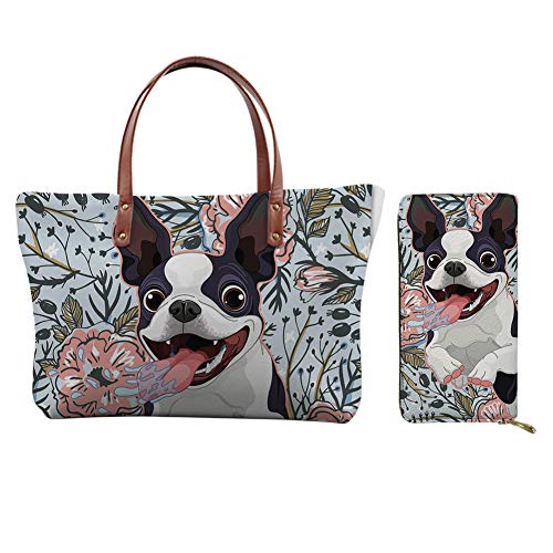 JEOCODY Boston Terrier for Women PU Leather Wallet Cute Dog Flower Animal Purse Clutch Zip Closure Tote Top Handle Bag Travel Beach School Shopping Shoulder Bag Handbag Gift 2 Pieces