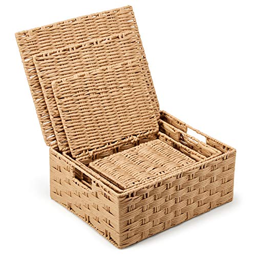 EZOWare Set of 4 Woven Stackable Storage Baskets with Lid, Decorative Paper Rope Organizer Nesting Bin with Handles - 4 Sizes, Beige