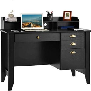 Catrimown Computer Desk with Drawers and Hutch, Executive Desk Teens Study Student Desk Writing Home Office Desks for Bedroom Small Spaces Wood Furniture, Vintage Style Black