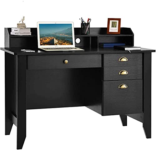 Catrimown Computer Desk with Drawers and Hutch, Executive Desk Teens Study Student Desk Writing Home Office Desks for Bedroom Small Spaces Wood Furniture, Vintage Style Black