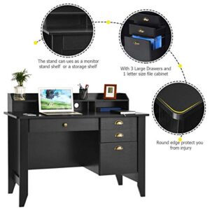 Catrimown Computer Desk with Drawers and Hutch, Executive Desk Teens Study Student Desk Writing Home Office Desks for Bedroom Small Spaces Wood Furniture, Vintage Style Black