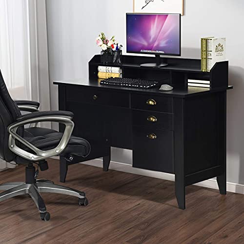 Catrimown Computer Desk with Drawers and Hutch, Executive Desk Teens Study Student Desk Writing Home Office Desks for Bedroom Small Spaces Wood Furniture, Vintage Style Black