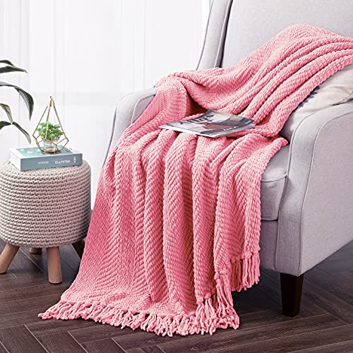 Bytide Throw Blanket for Couch Soft Knitted Textured Couch Cover Pink Tweed Blanket with Fringe Tassel for Home Décor Bed Sofa Chair, 50" x 60", Strawberry Ice