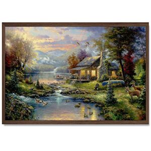 thomas kinkade canvas painting – village canvas prints thomas kinkade pictures farmhouse mountain lake nature thomas kinkade wall art for living room bedroom decor 16×24 inch unframed