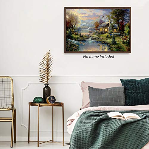 Thomas Kinkade Canvas Painting - Village Canvas Prints Thomas Kinkade Pictures Farmhouse Mountain Lake Nature Thomas Kinkade Wall Art for Living Room Bedroom Decor 16x24 Inch Unframed