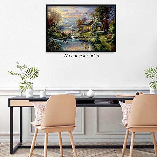 Thomas Kinkade Canvas Painting - Village Canvas Prints Thomas Kinkade Pictures Farmhouse Mountain Lake Nature Thomas Kinkade Wall Art for Living Room Bedroom Decor 16x24 Inch Unframed