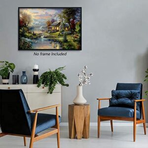 Thomas Kinkade Canvas Painting - Village Canvas Prints Thomas Kinkade Pictures Farmhouse Mountain Lake Nature Thomas Kinkade Wall Art for Living Room Bedroom Decor 16x24 Inch Unframed