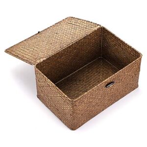 Hipiwe Set of 3 Natural Seagrass Storage Baskets with Lid - Large Handwoven Wicker Storage Bins Rectangular Household Organizer Boxes Shelf Wardrobe Organizer, Coffee