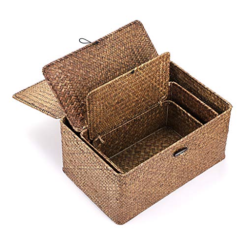 Hipiwe Set of 3 Natural Seagrass Storage Baskets with Lid - Large Handwoven Wicker Storage Bins Rectangular Household Organizer Boxes Shelf Wardrobe Organizer, Coffee