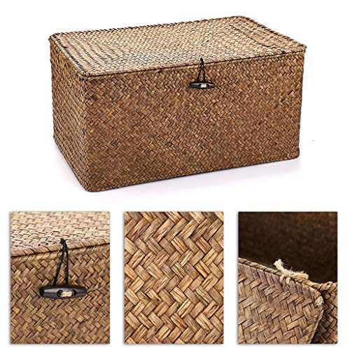 Hipiwe Set of 3 Natural Seagrass Storage Baskets with Lid - Large Handwoven Wicker Storage Bins Rectangular Household Organizer Boxes Shelf Wardrobe Organizer, Coffee