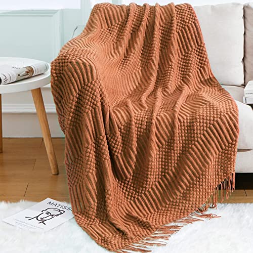 Blagic Knitted Throw Blanket for Couch Soft Farmhouse Boho Fall Throw Blanket with Tassels Home Decorative Lightweight Throw Blankets,Rust Throws for Bed/Chair/Sofa, Pineapple Textured, 50" W x 60" L