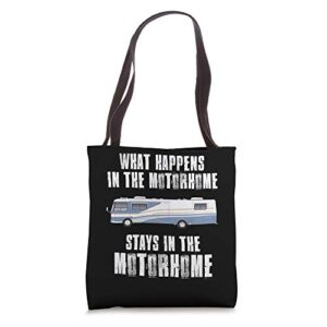 what happens in the motorhome rving camping rver adventures tote bag